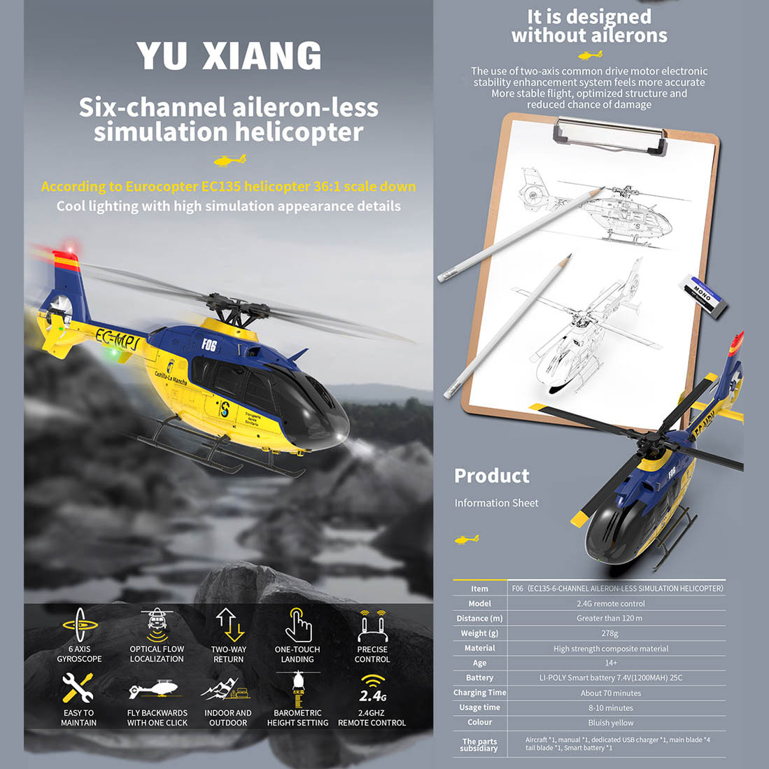 YU XIANG EC-135 RC Helicopter 1/36 2.4G 6CH Direct Drive Brushless Air ...