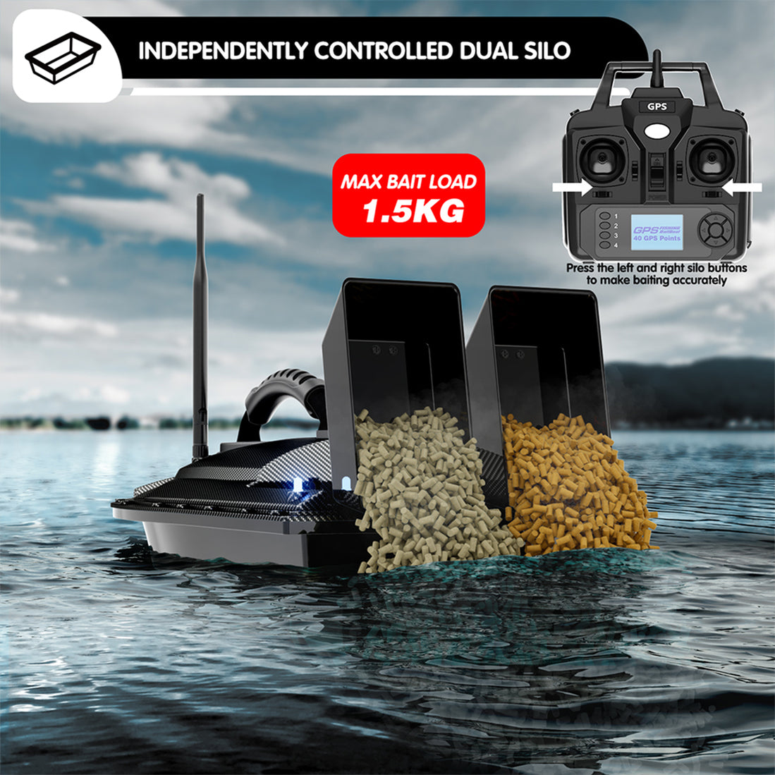 V070 GPS RC Bait Boat – 12000mAh, 500m Range, 1.5kg Dual-Hopper, 40 Wa ...