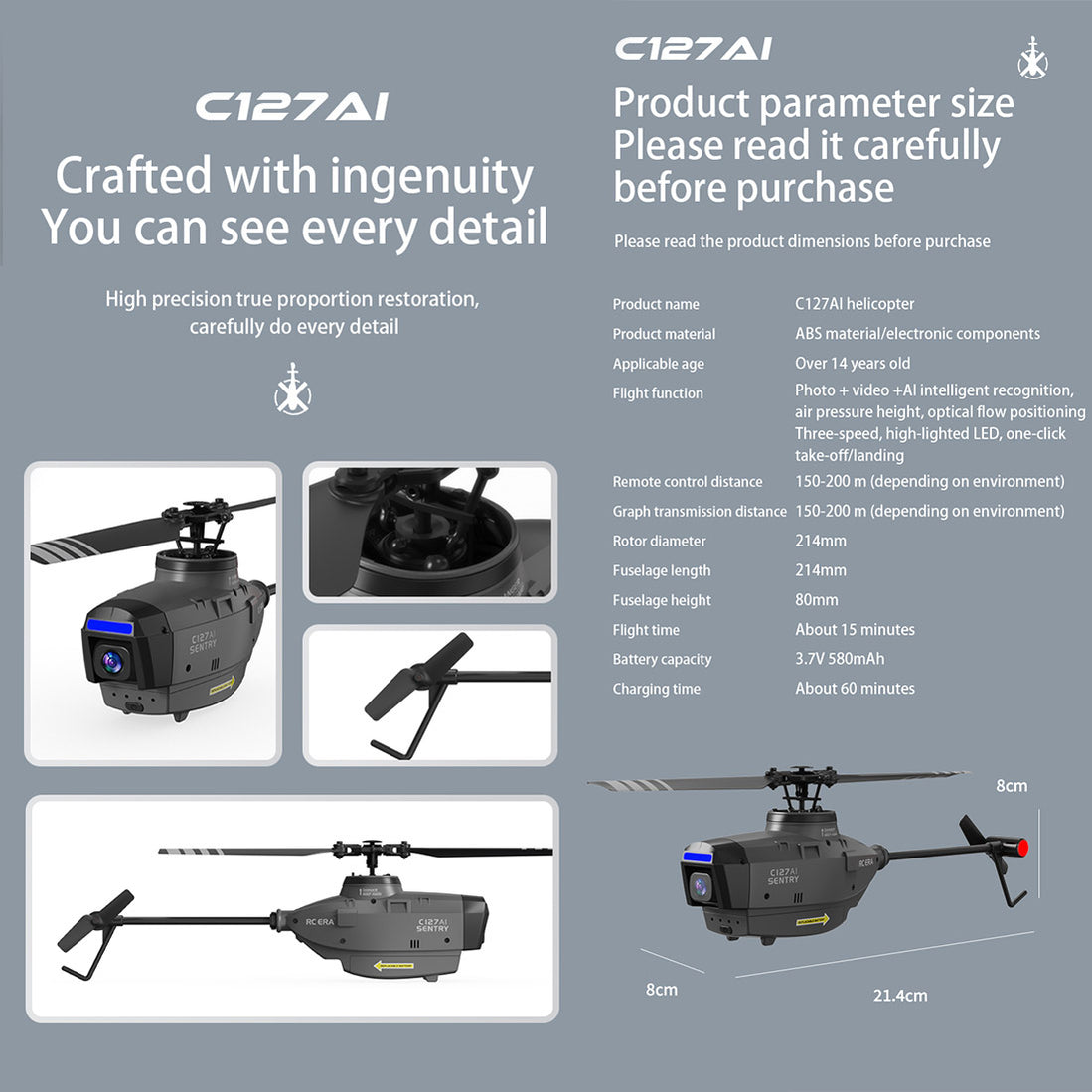 C127AI RC Helicopt, 2.4G RC 4CH Scout Drone Brushless Aircraft Model W ...