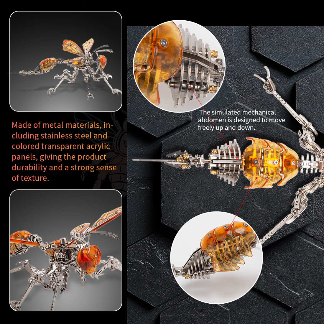 3D Metal Mechanical Wasp Puzzle Model Kit with LED Lights-EngineDIY